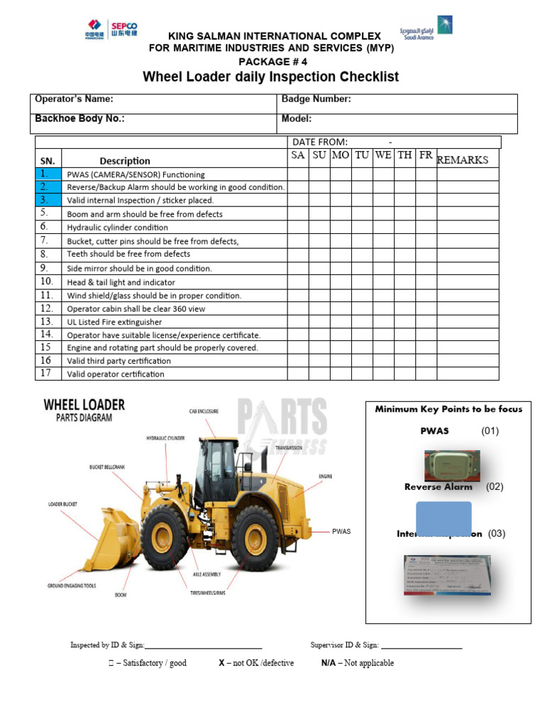 Wheel Loader Updated Daily Inspection Checklist | PDF
