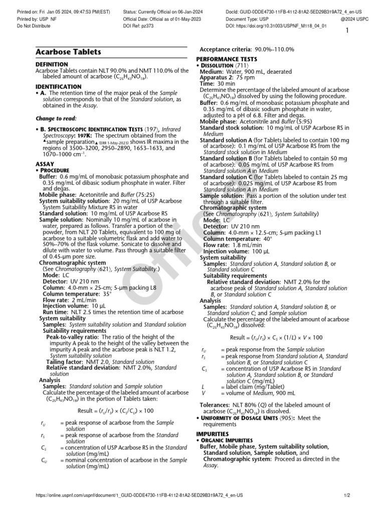 USP 2024 Monograph Acarbose Tablets | PDF | Chromatography | Colony ...