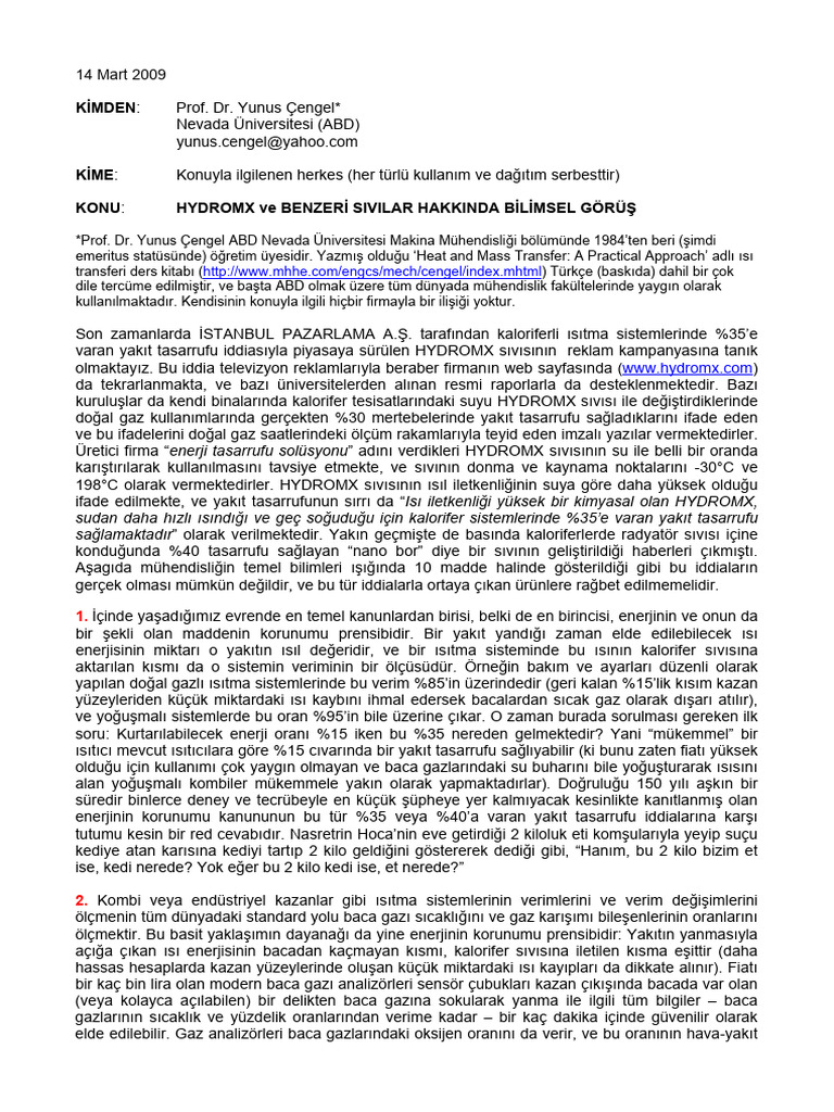 Hydromx Sivisi - Bilimsel Gorus Prof YCengel Mart09 | PDF