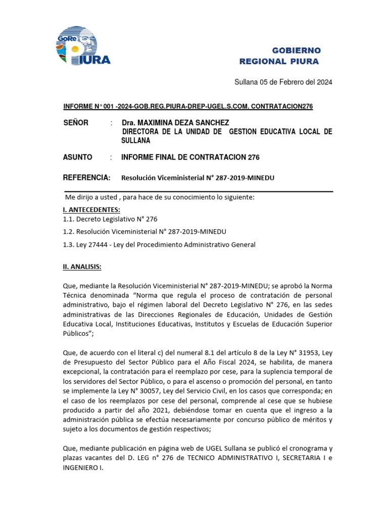 INFORME 001-2024 - Comite 276 - 5 Folios | PDF | Gobierno