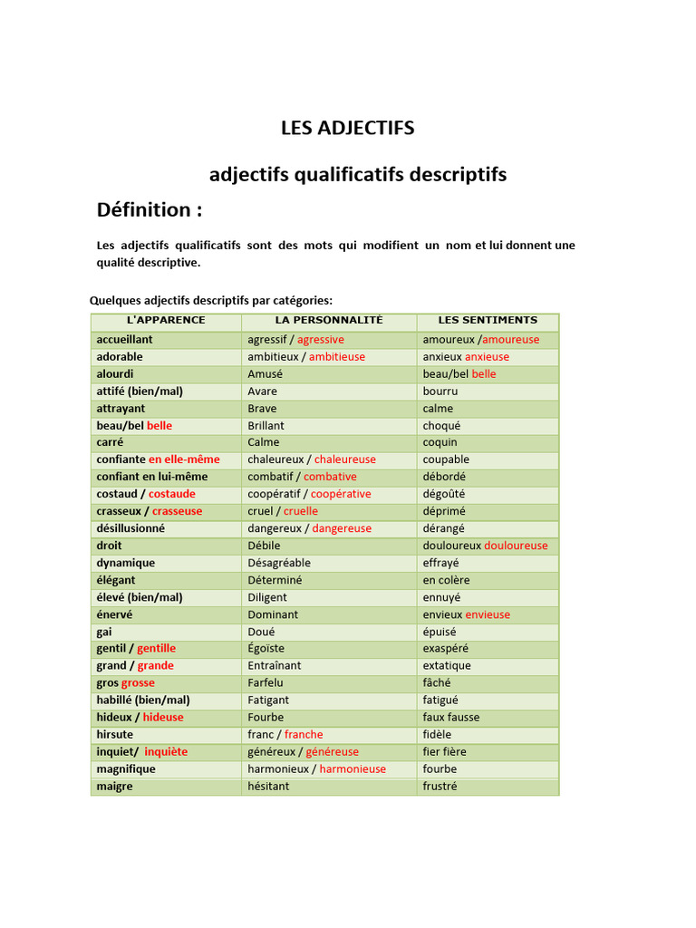 Adjectifs Descriptifs | PDF