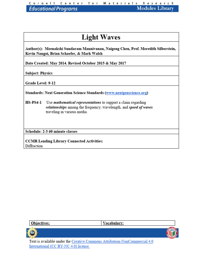Light Waves HS | PDF | Light | Refraction