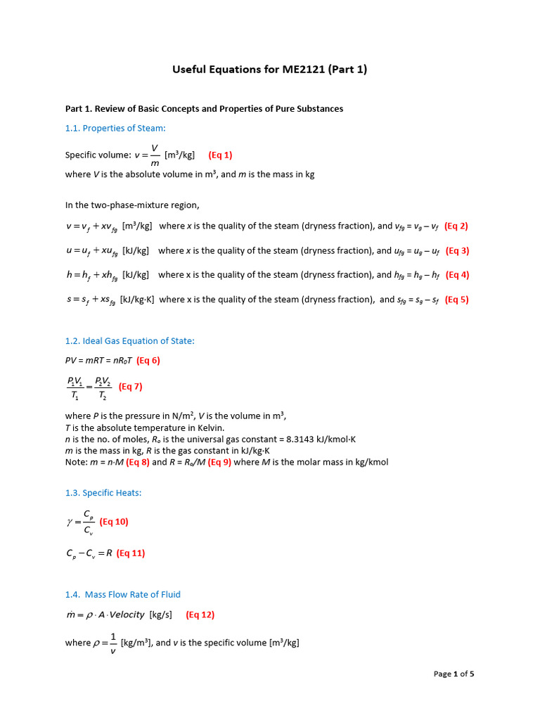 Useful Equations for ME2121 (Part 1) | PDF | Heat | Entropy