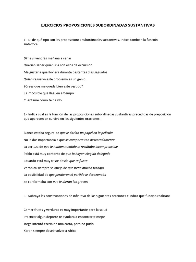 EJERCICIOS PROPOSICIONES SUBORDINADAS SUSTANTIVAS (2) (1) | PDF