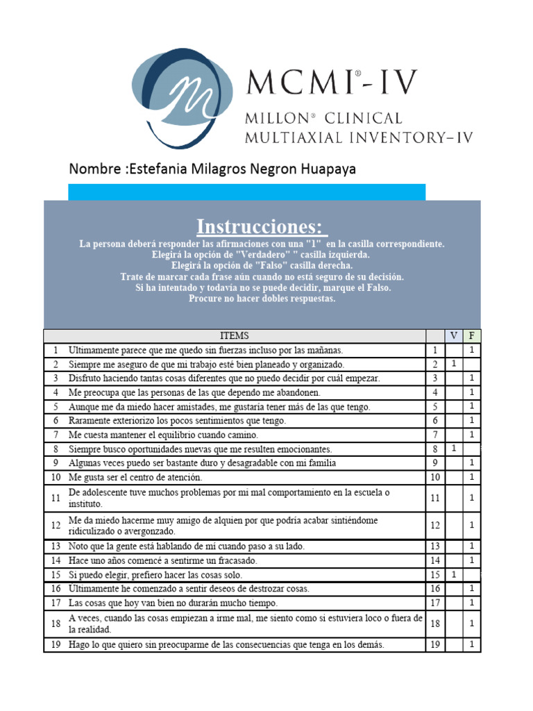 Libre MCMI-IV Inventario Clínico Multiaxial de Millon - XLSX Sin Contra ...
