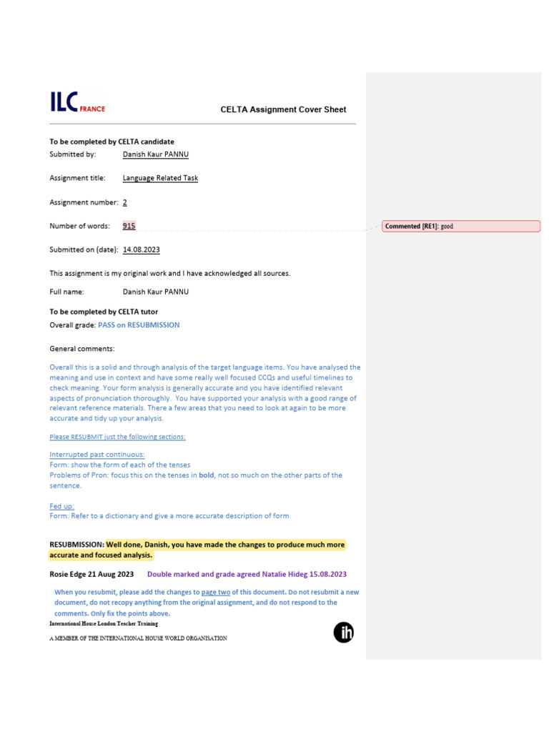 CELTA Assignment 2 2ndSUB MARKED | PDF | Word | English Language