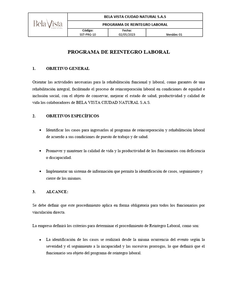 Programa de Reintegro Laboral | PDF | Business | Gestión de recursos humanos
