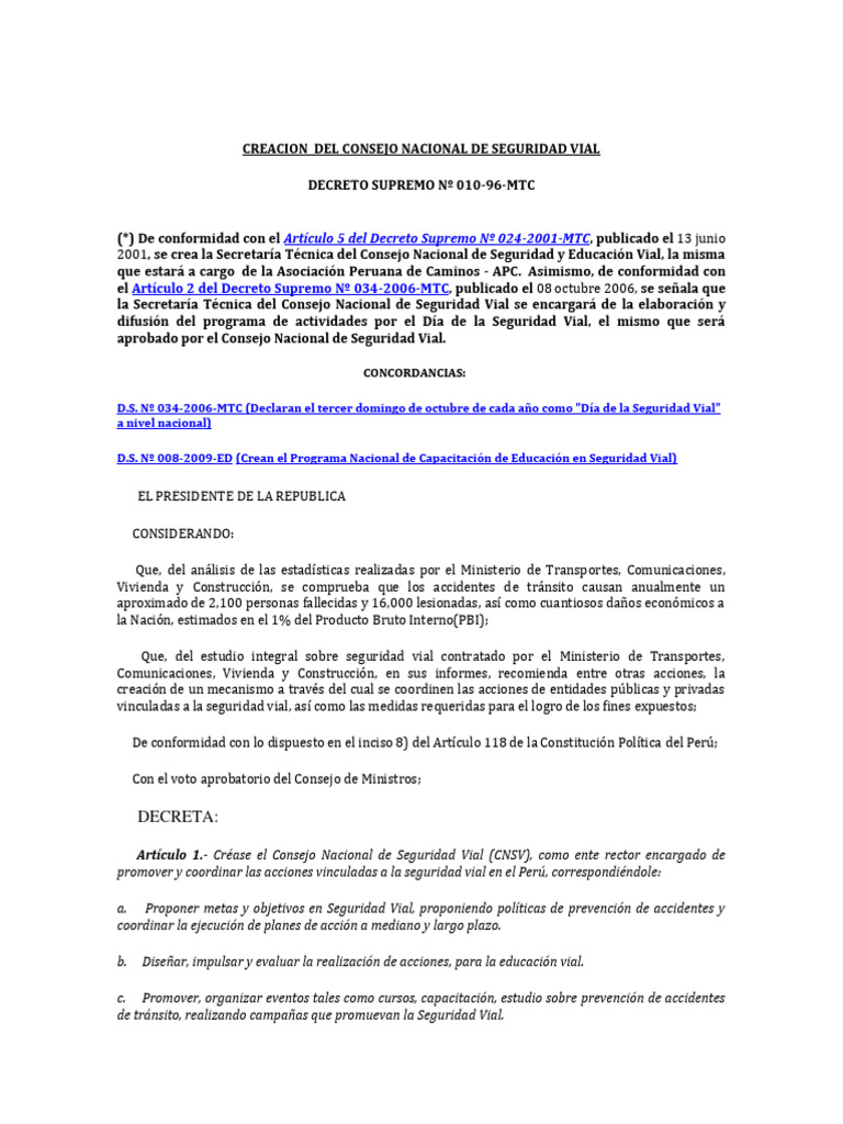 CNSV DS 010-1996-MTC | PDF | Ministerio (Departamento de Gobierno) | Perú