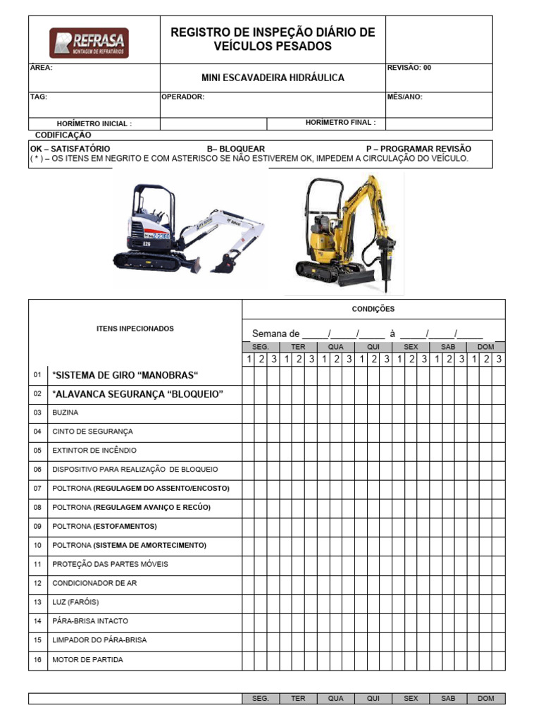 Checklist - Mini Escavadeira Hidráulica | Download grátis PDF | Bens ...