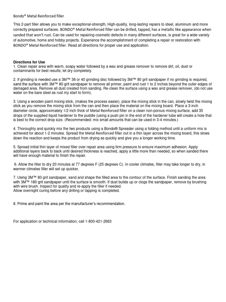 Bondo Metal Reinforced Filler Directions For Use | PDF | Physical ...