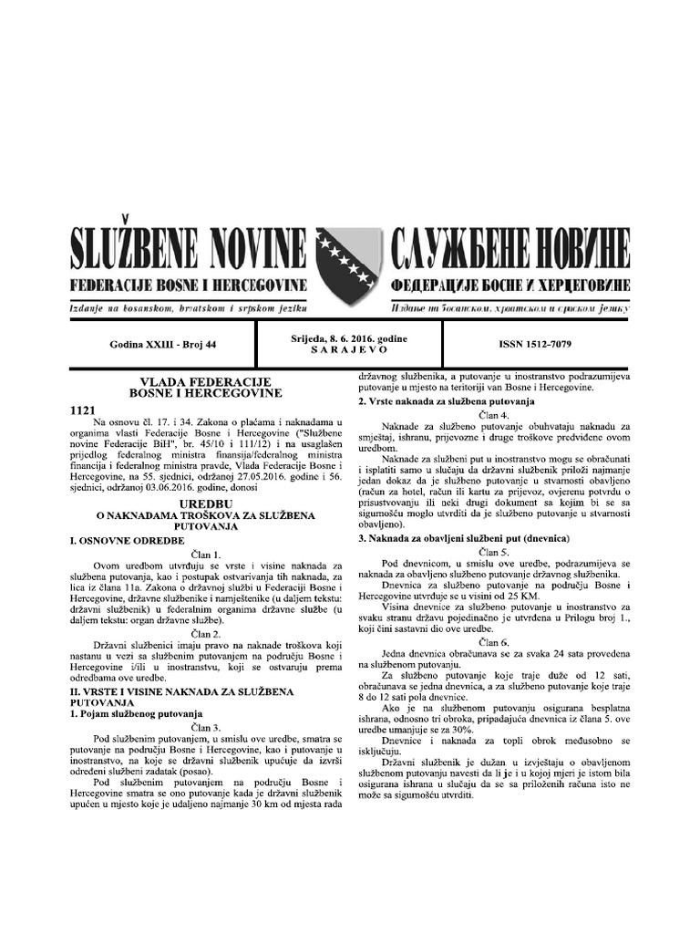 01 Uredba o Naknadama Troskova Za Sluzbena Putovanja Broj 44 16 | PDF