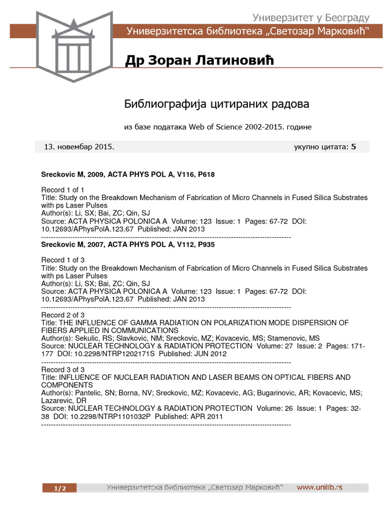 Latinovic Zoran, 2002-2015 | PDF | Laser | Glass Engineering And Science