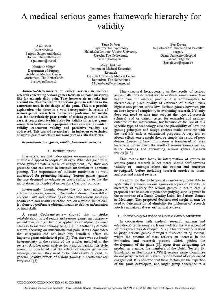 A Medical Serious Games Framework Hierarchy For Validity | PDF | Validity (Statistics) | Meta ...