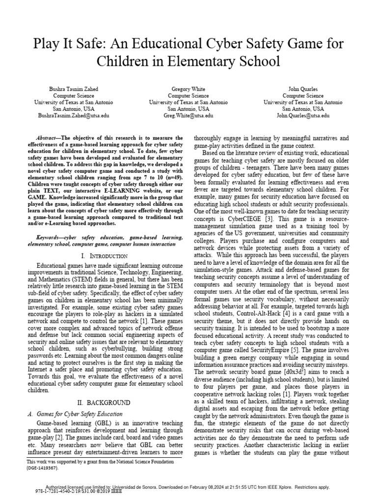 Play It Safe An Educational Cyber Safety Game For Children in Elementary School | PDF | Computer ...