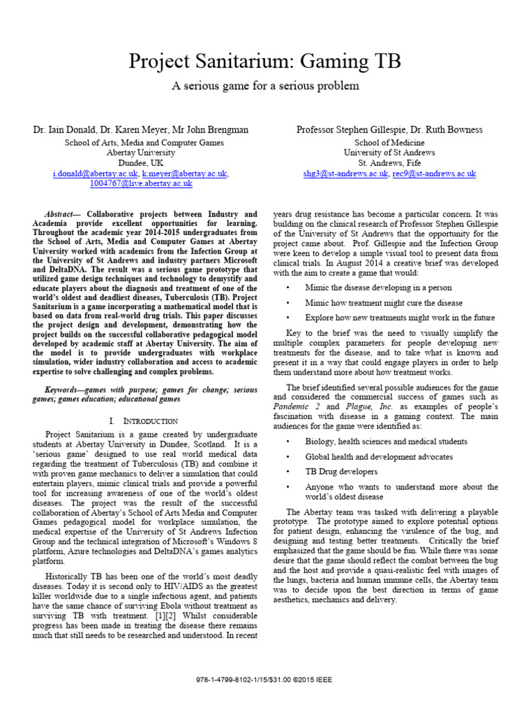 Project Sanitarium Gaming TB - A Serious Game For A Serious Problem ...