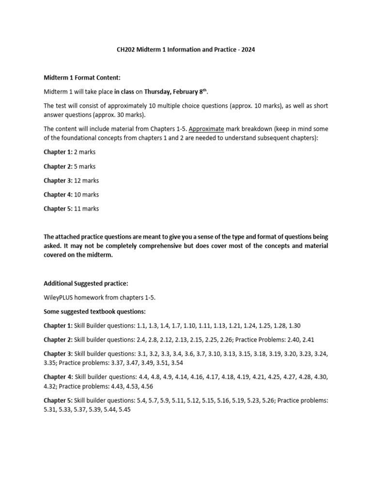 CH202 Midterm 1 2024- Info and Practice | PDF | Physical Chemistry | Materials
