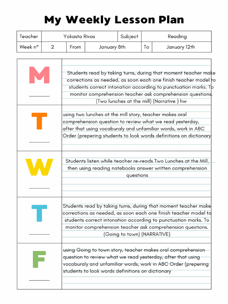 Weekly Lesson Plan Jan8-12 | PDF