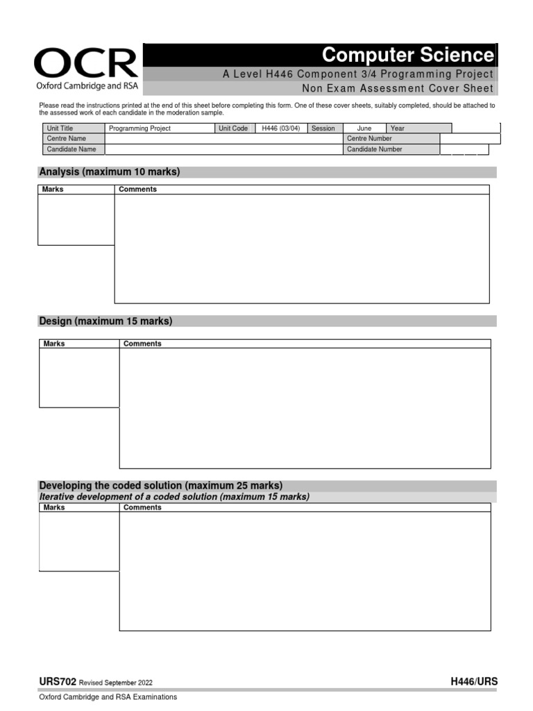 Non Exam Assessment Cover Sheet Interactive | PDF | Educational ...