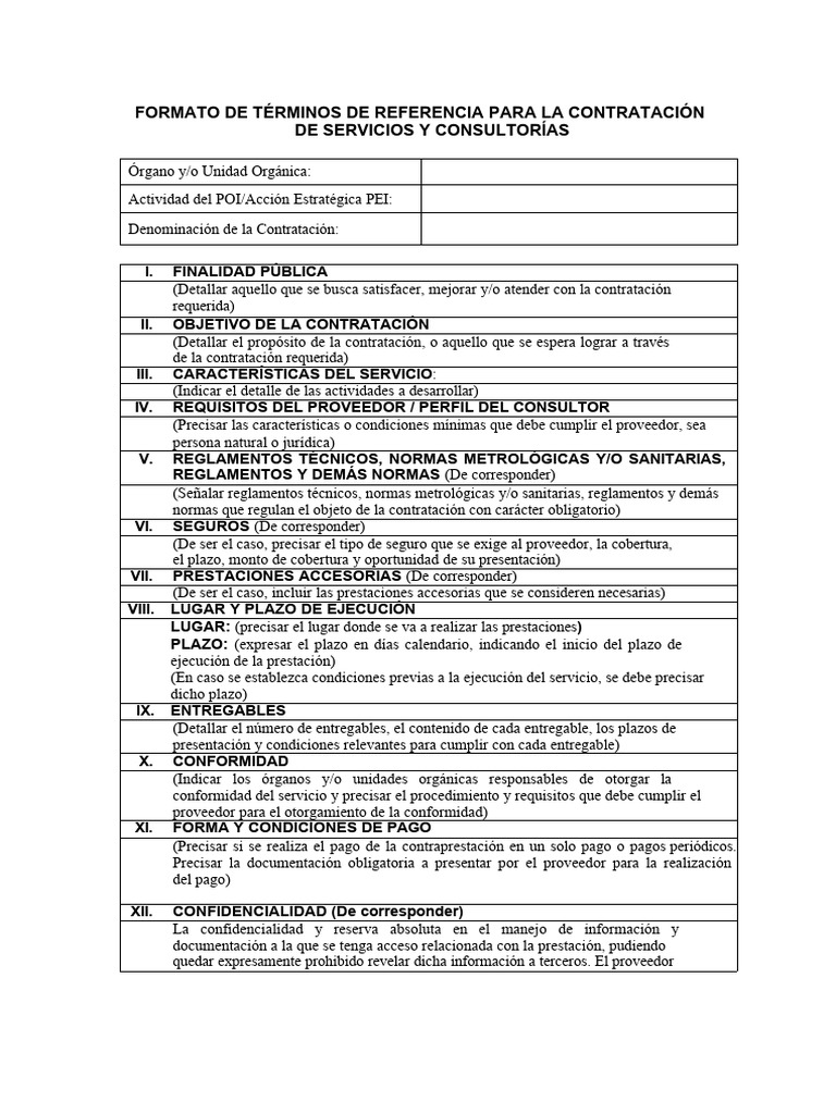 Formato de Términos de Referencia para La Contratación de Servicios y Consultorías | Descargar ...