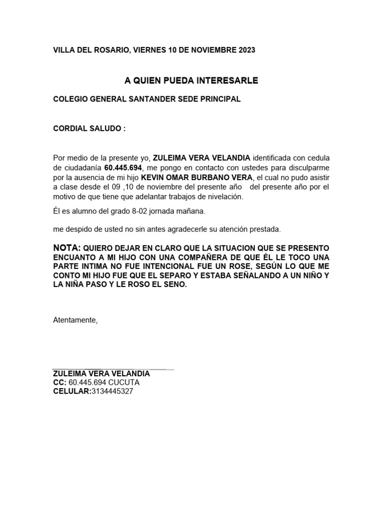 Carata de Excusa Ausencia de Colegio Maria Inmaculada 2023 | PDF