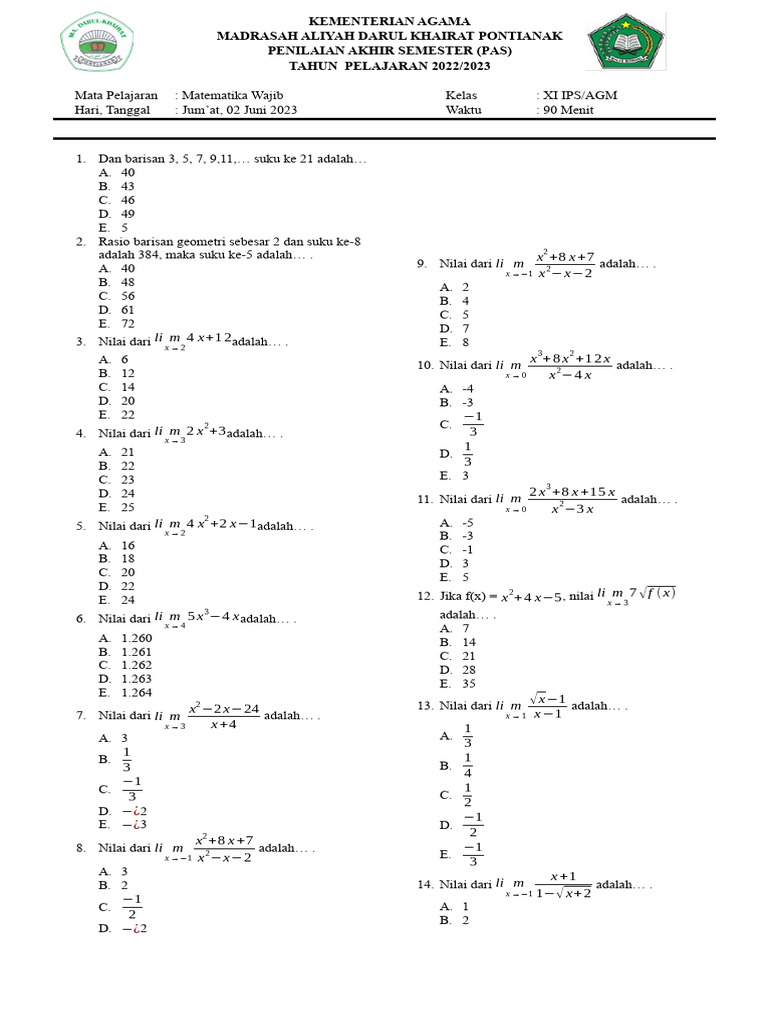 Soal MTK Kelas 11 Tahun 2022 Dan 2023 Genap | PDF