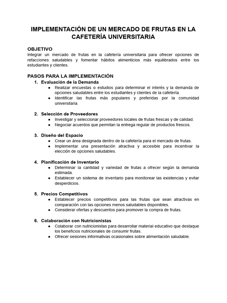 Implementación de Un Mercado de Frutas en La Cafetería Universitaria | PDF Implementación de Un Mercado de Frutas en La Cafetería Universitaria | PDF