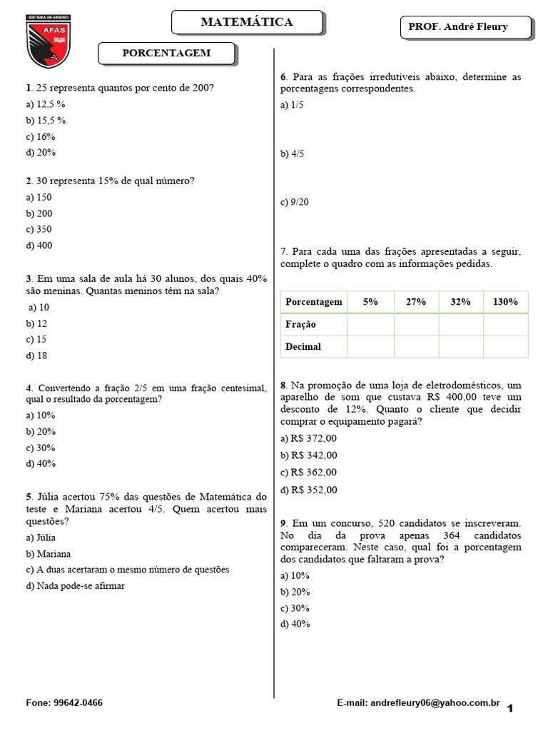 Exercícios Porcentagem | PDF | Percentagem | Números