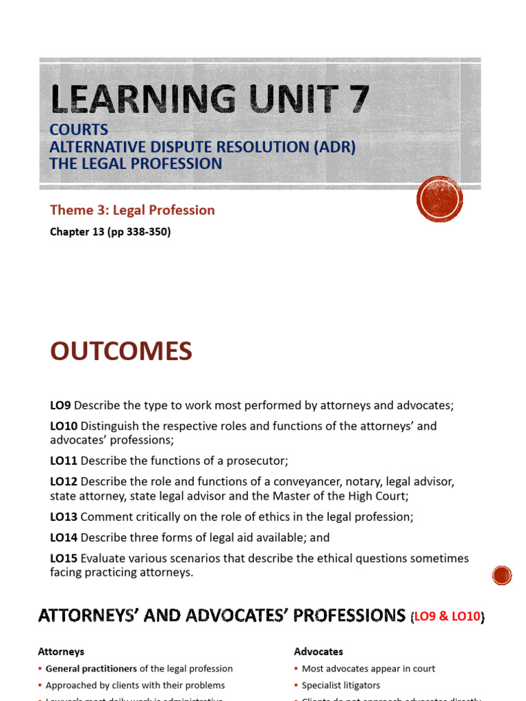 LEARNING UNIT 7 - Courts, ADR and The Legal Profession (Theme 3) | PDF | Lawyer | Advocate