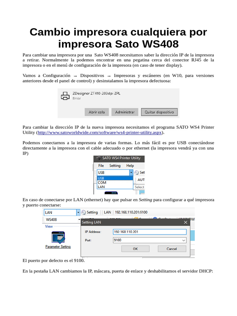 Cambiar IP en impresora Sato WS408 | PDF