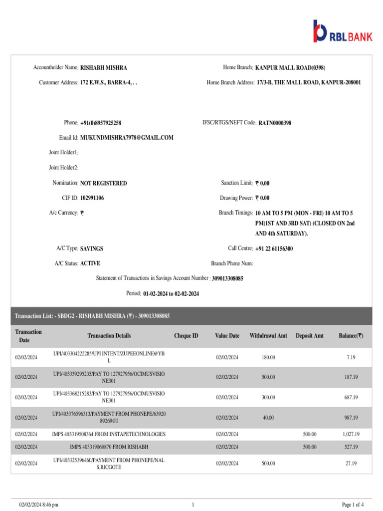 AccountStatement01-02-2024 To 02-02-2024 | PDF | Banking | Financial ...