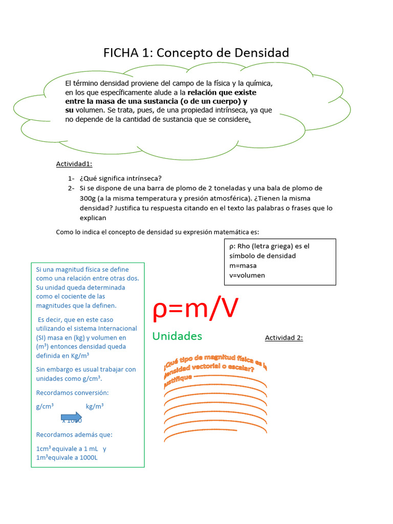 FICHA 1: Concepto de Densidad: Unidades | PDF | Densidad | Masa