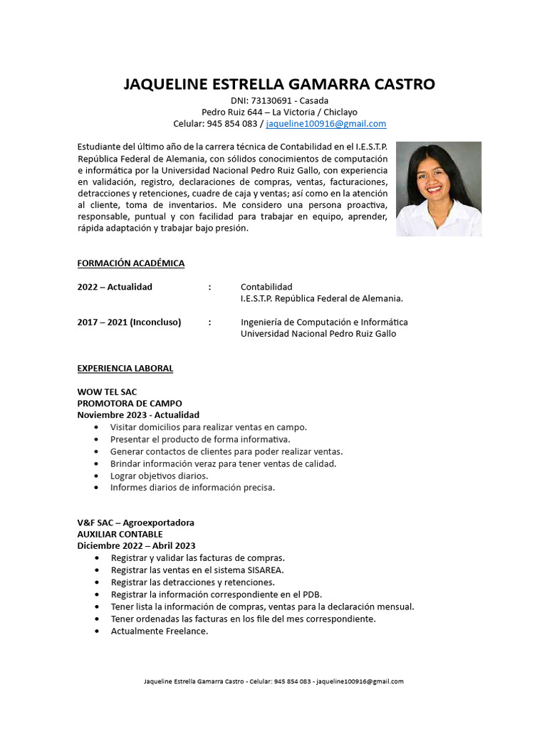 Cv. Jaqueline Gamarra 2024 | PDF | Economias | Business