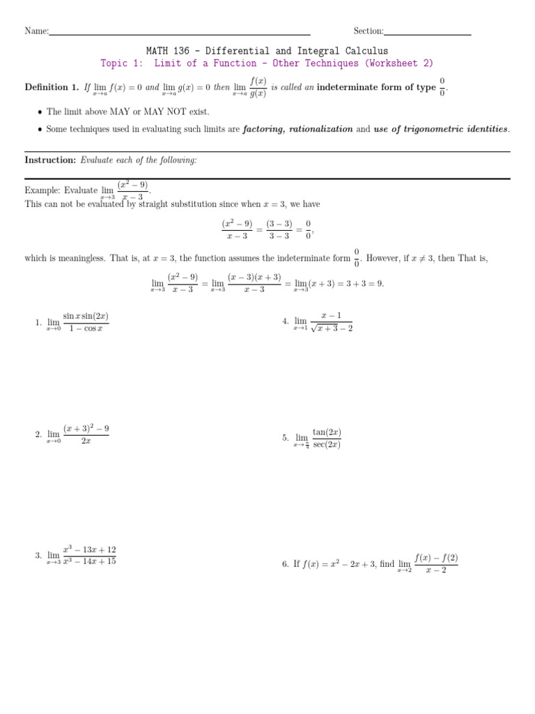 M136 LimitofaFunction OtherTechniques Worksheet2 | PDF | Trigonometric Functions | Algebra