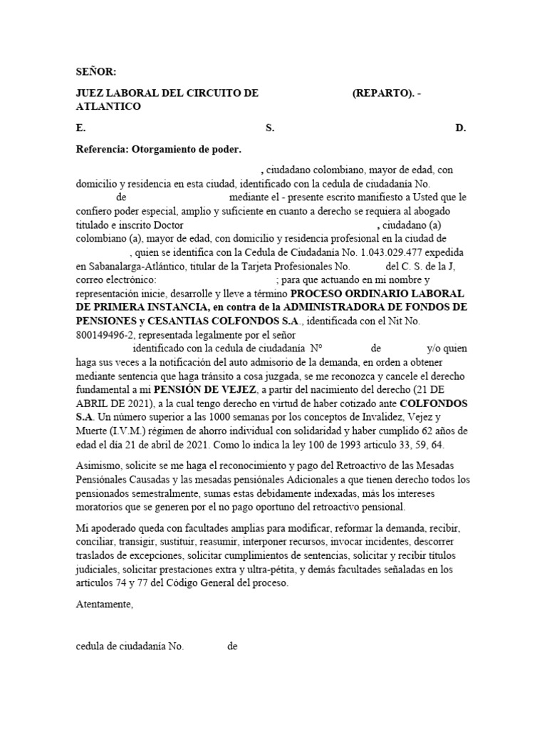 Poder de Pension de Vejez | PDF | Pensión | Demanda judicial