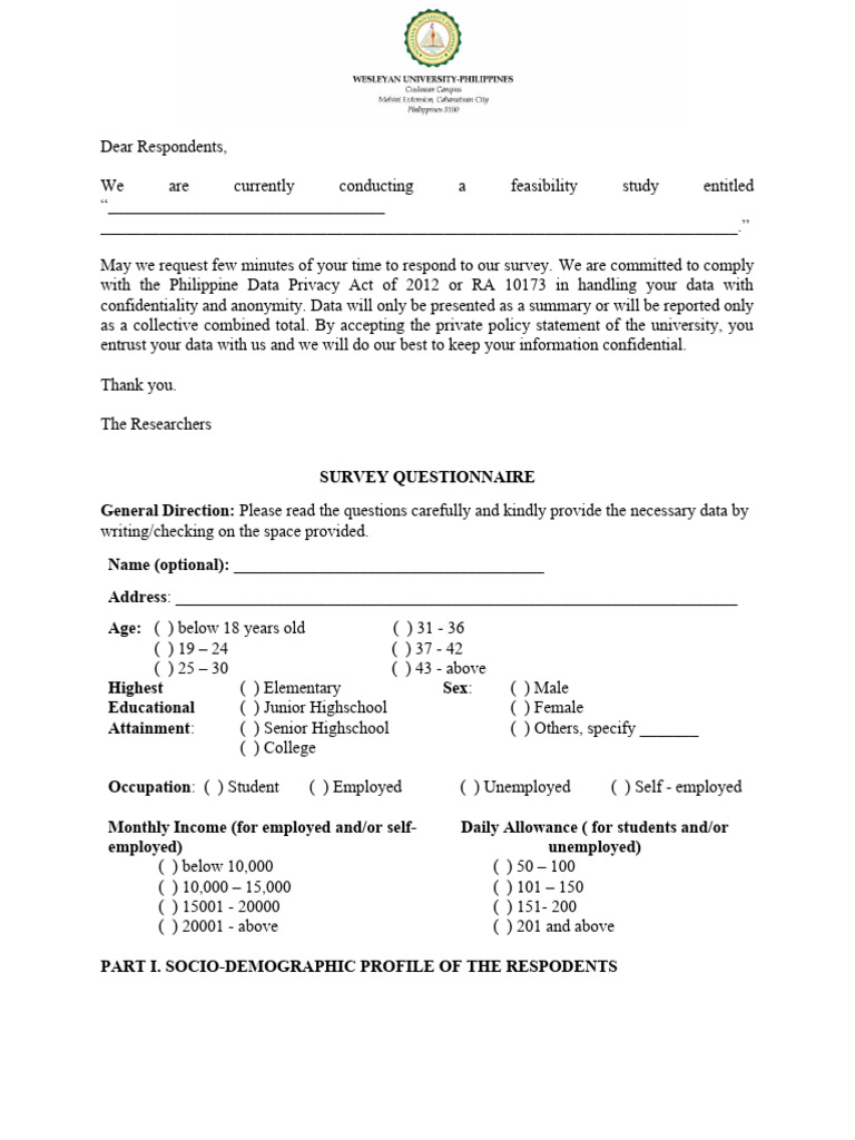 FS Sample Questionnaire Individual Respondents | PDF