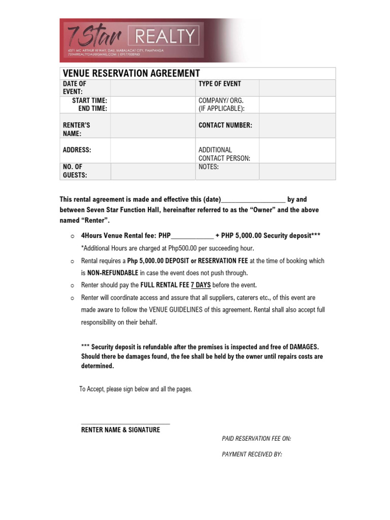 Sample - VENUE RENTAL AGREEMENT | PDF | Renting | Fee
