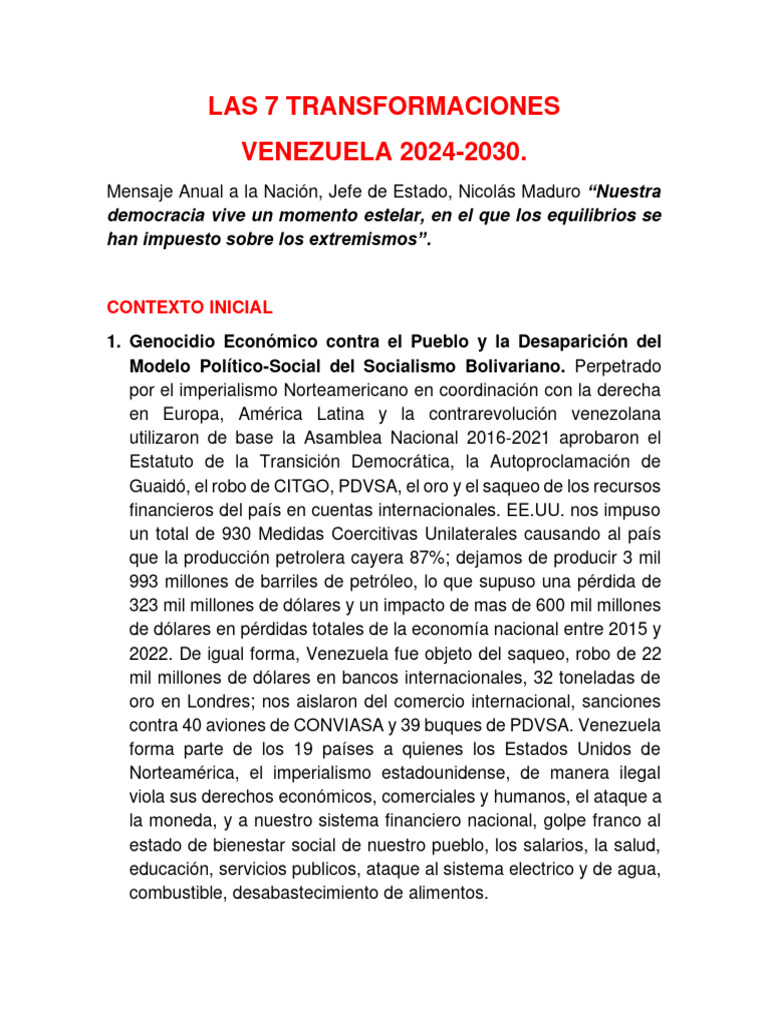 Las Siete Transformaciones 2024-2030 | PDF | Venezuela | Democracia