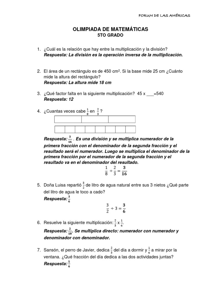 Olimpiada de Matematicas Quinto Grado | PDF | Multiplicación | Matemática Elemental