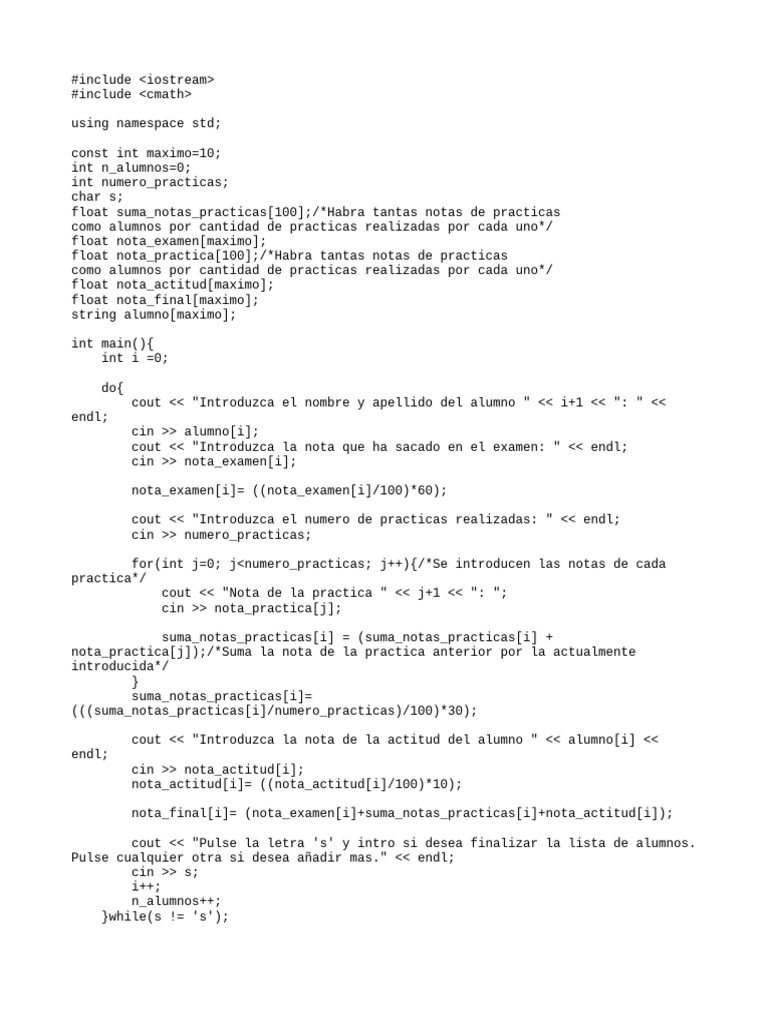 Programa C++ Generador de Nota Media de Alumnos | PDF