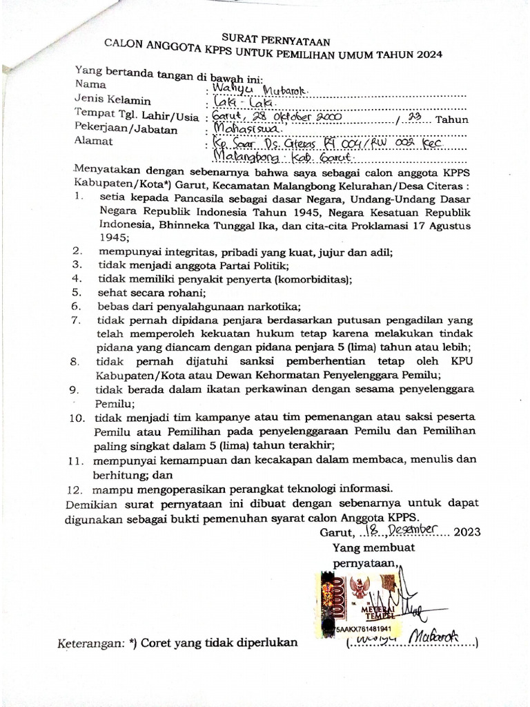 Wahyu - Surat Pernyataan | PDF