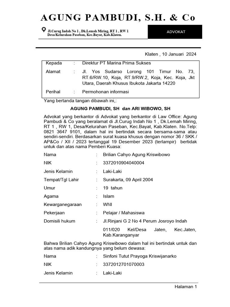 Surat Permohonan Informasi PT Marina Prima Sukses | PDF