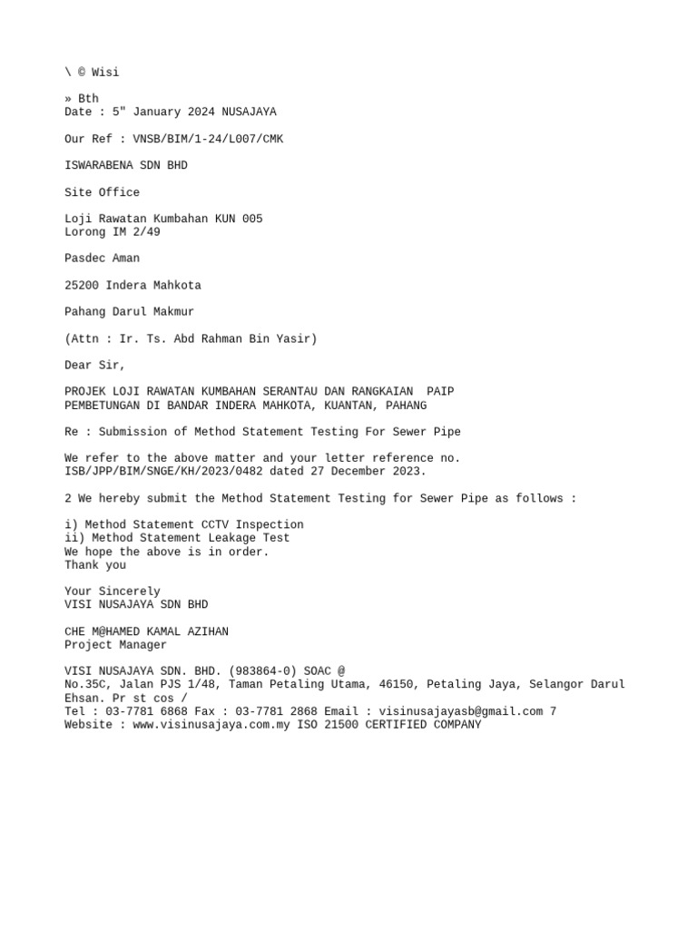 Submission of Method Statement Testing For Sewer Pipe | PDF | Pump | Camera