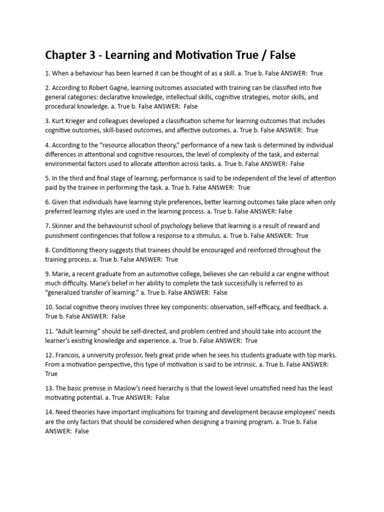 Chapter 3 - Learning and Motivation True / False | PDF | Motivational ...