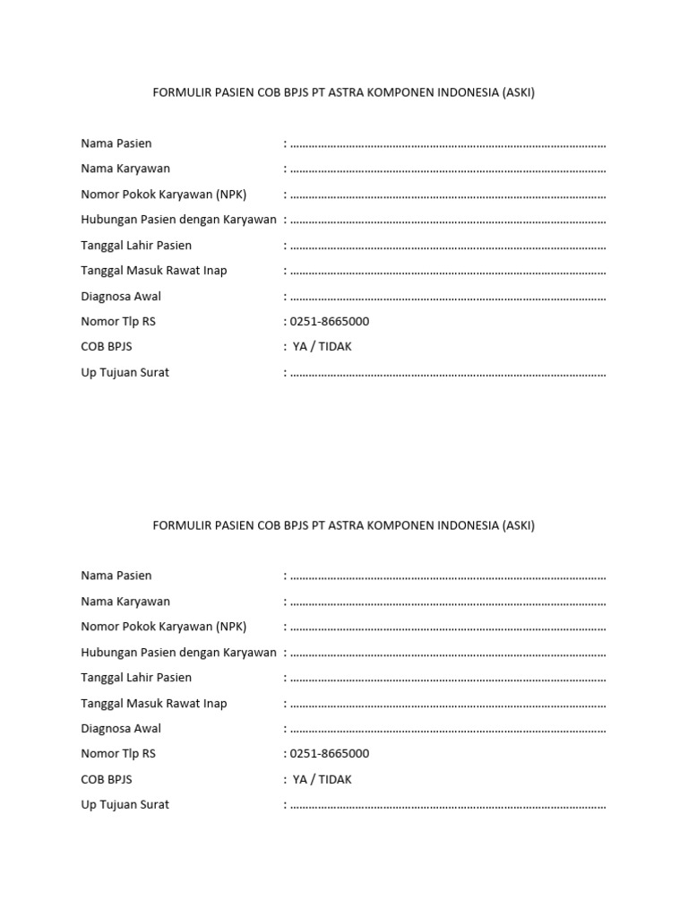 Formulir Pasien COB BPJS ASKI | PDF