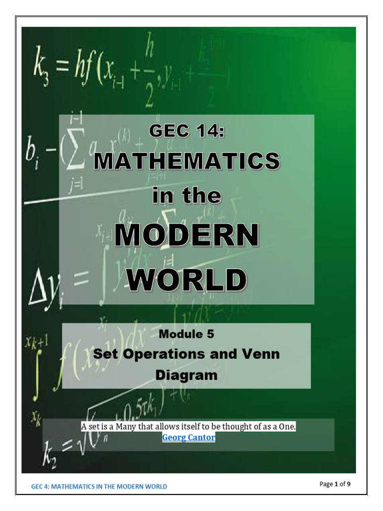 MODULE 5 GE 4 MMW Set Operations and Venn DiagramV2 | PDF | Set (Mathematics) | Mathematical Logic