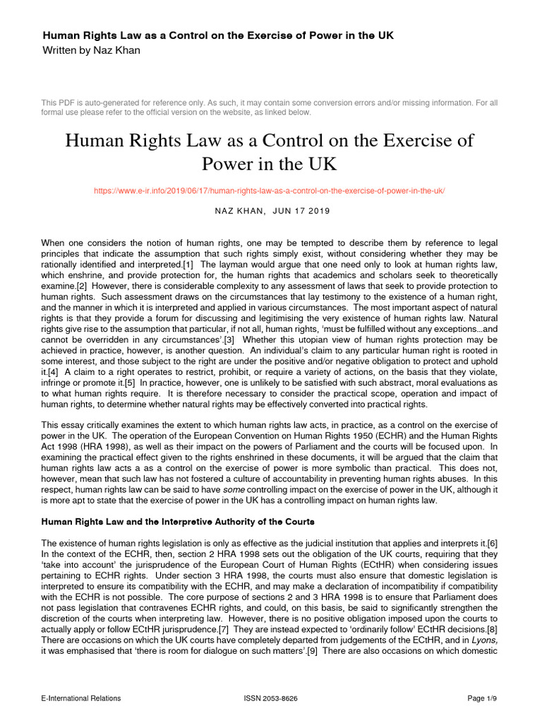 Human Rights Law As A Control On The Exercise of Power in The UK ...