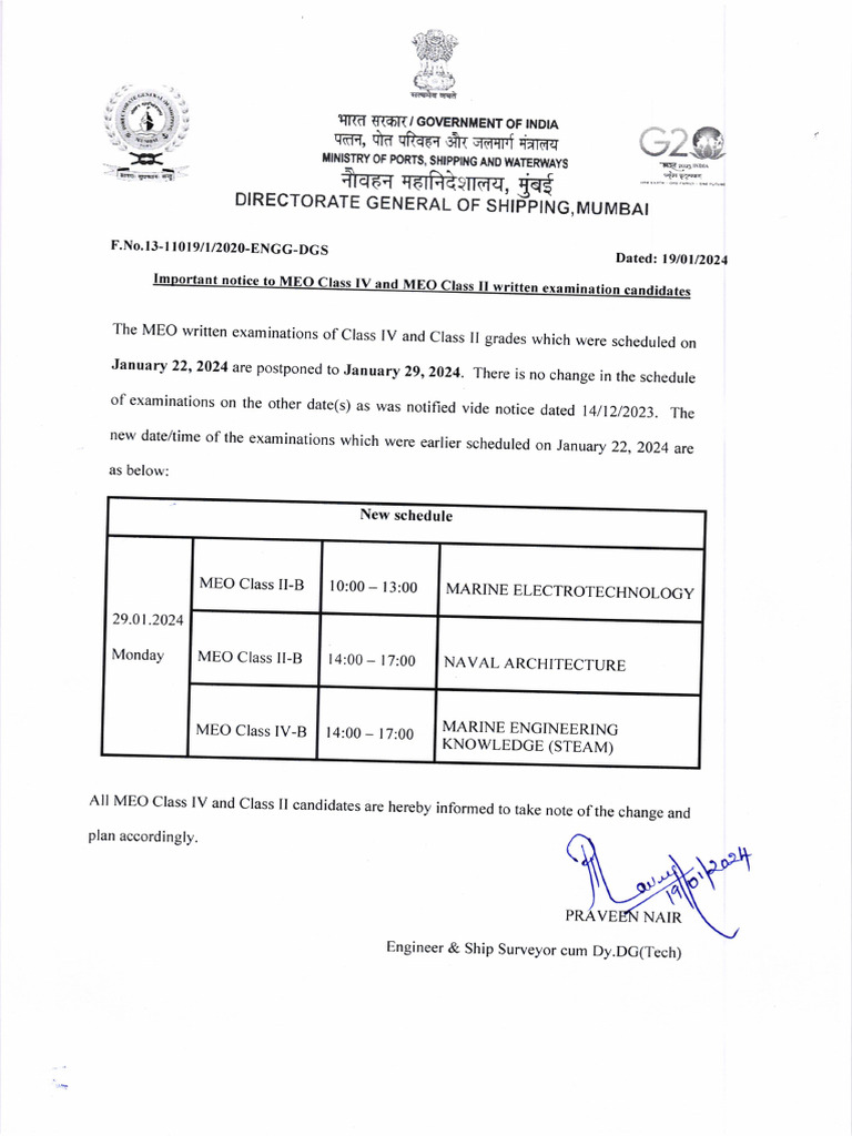 MEO Class IV Exam Rescheduled to Jan 29 | PDF