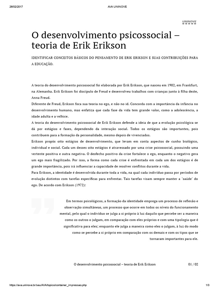 O Desenvolvimento Psicossocial - Teoria de Erik Erikson | PDF | Psicologia Social | Psicologia