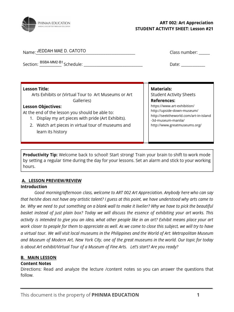 Jeddah Mae Catoto - ART 002-LESSON 21 SAS | PDF | Museum | Question