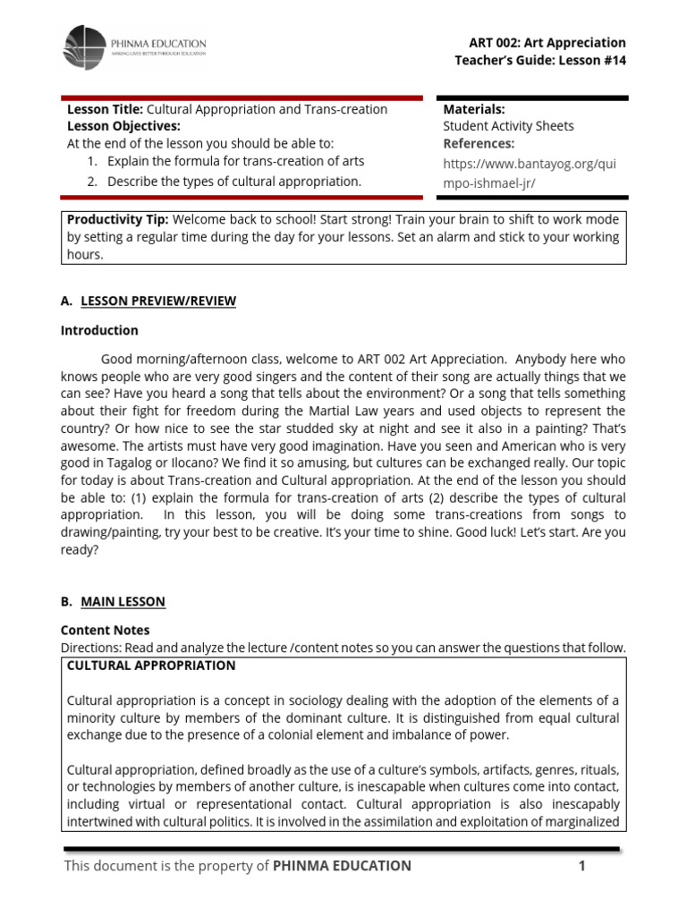 Jeddah Catoto - ART 002-LESSON 14 TG | PDF